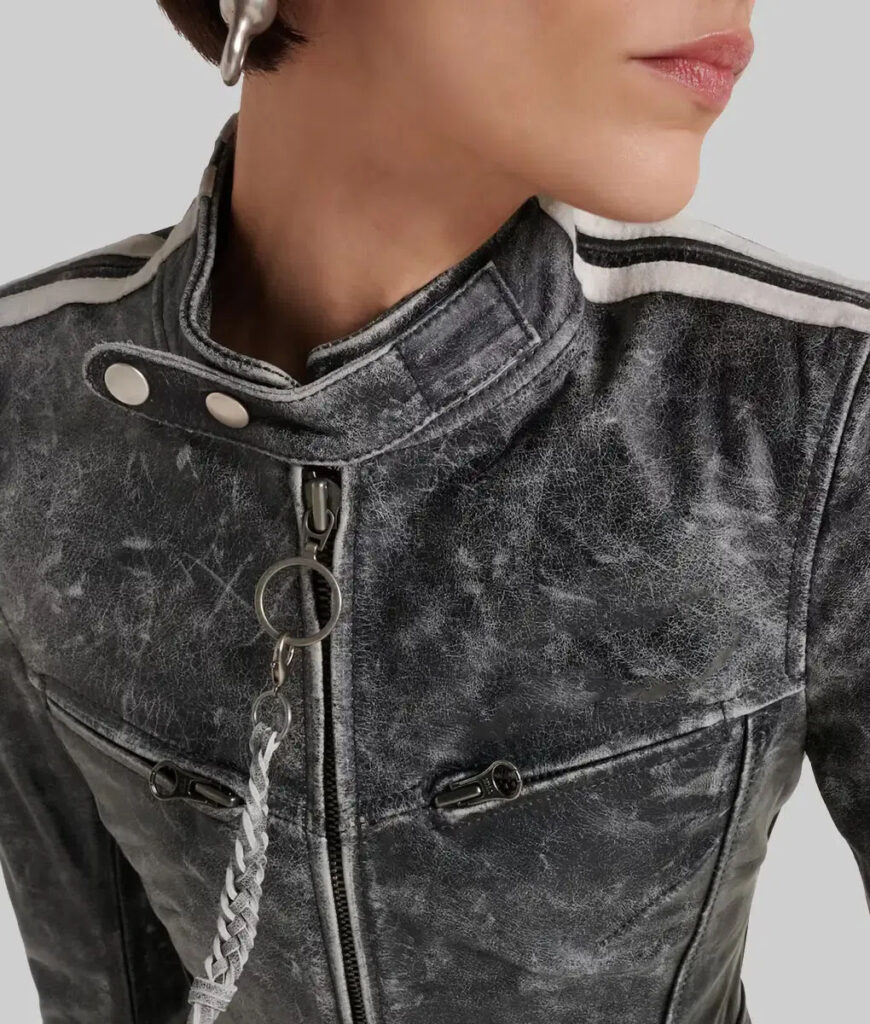 Katy Perry Grey Distressed Leather Biker Jacket - Paradise Jacket